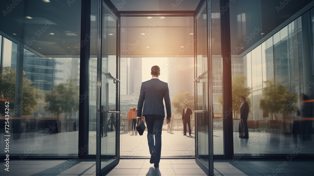 Businessman walking confidently out of office through glass door after ...