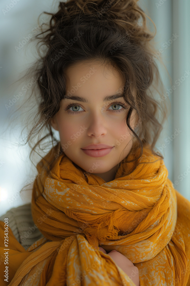 portrait jeune et belle femme brune, souriante, naturelle, chignon coiffé, décoiffé, grosse ...