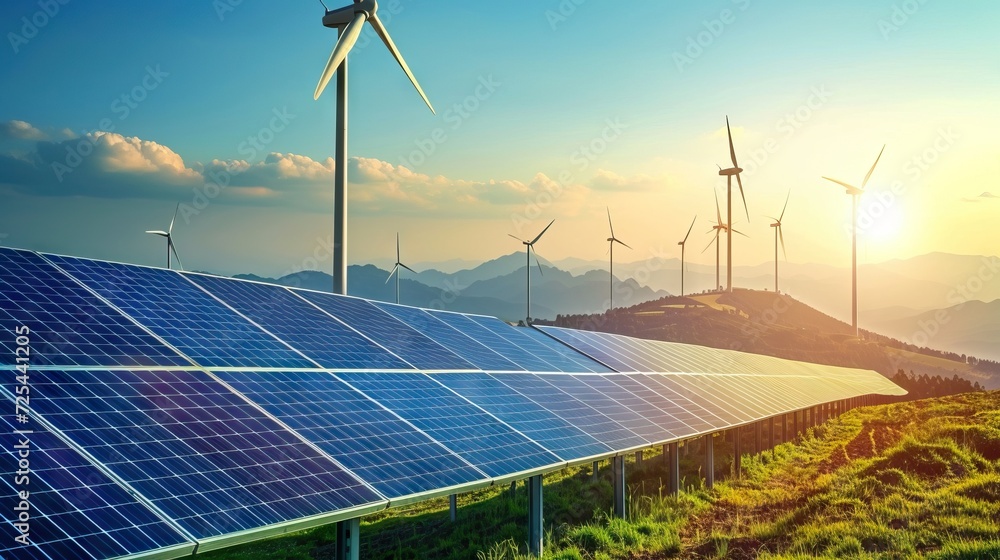 Renewable energy system with solar panel and wind turbine. Generative ...