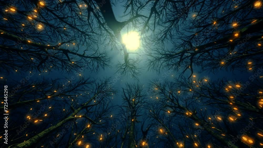 Rays of moonlight illuminate the falling leaves in the autumn forest ...