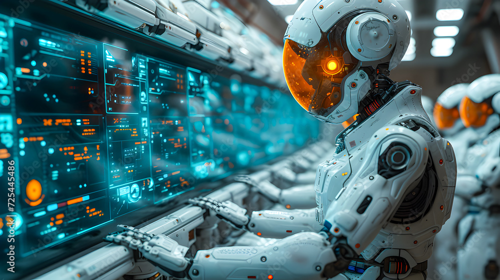 An advanced white robot with an orange visor works at a high-tech ...