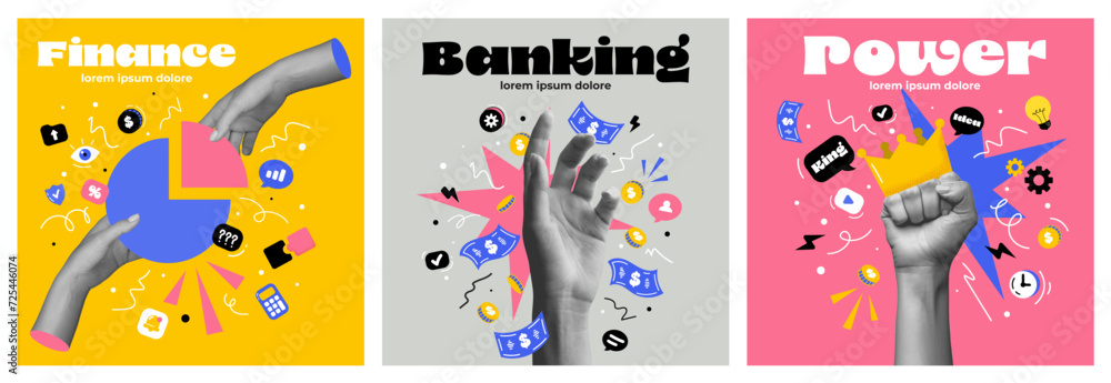 Graphs, pie chart, diagrams. Contemporary art collage made of shots ...