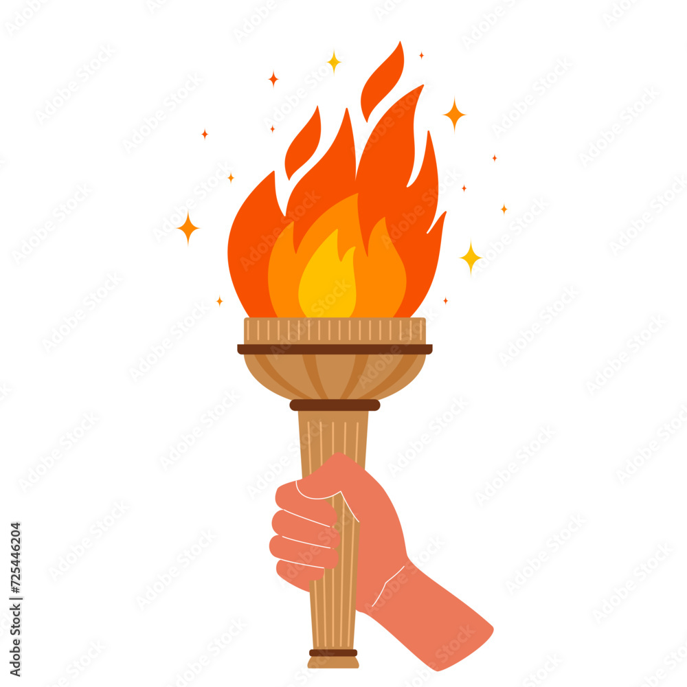 Hand with flaming torch. Burning torch flame in hand. Symbols of relay ...