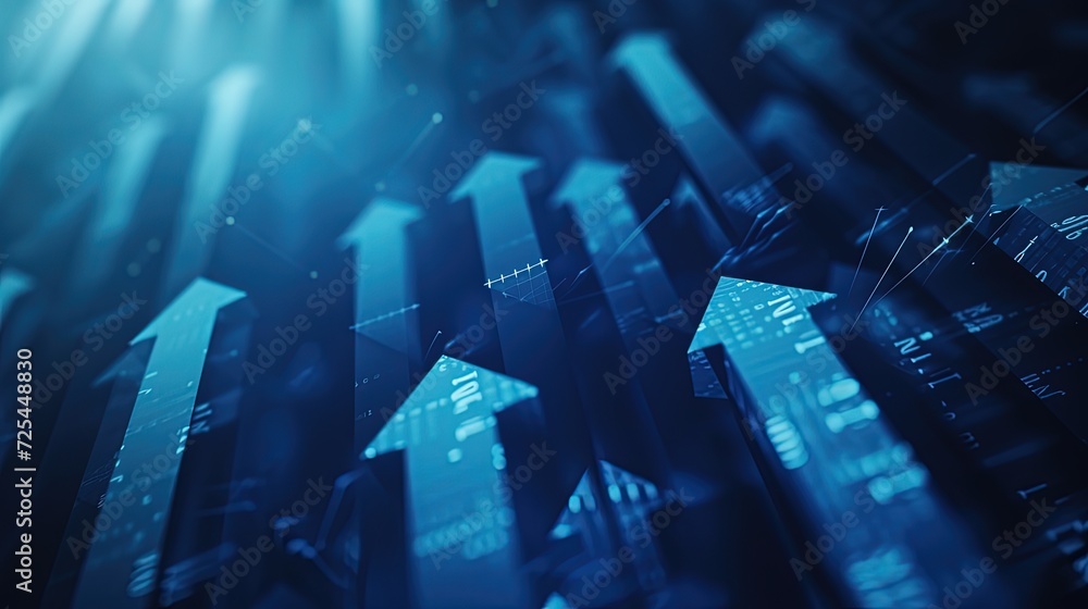 Arrows soaring upwards amidst a network of digital data, symbolizing ...