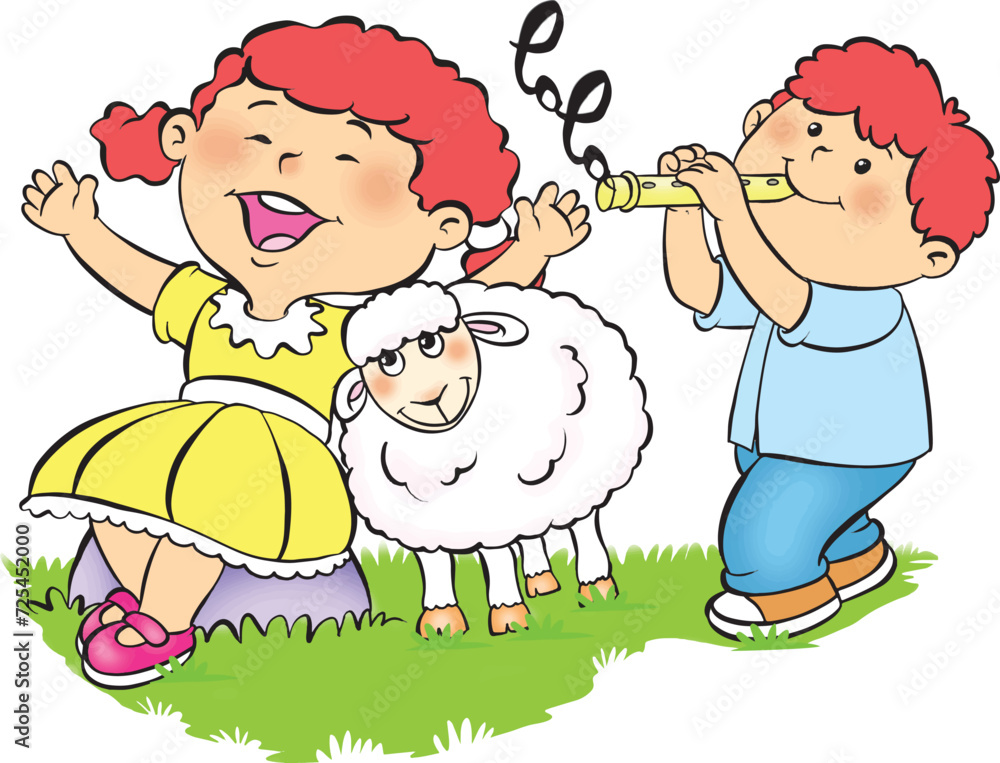 Little children playing the pipes and singing. Singing children and ...