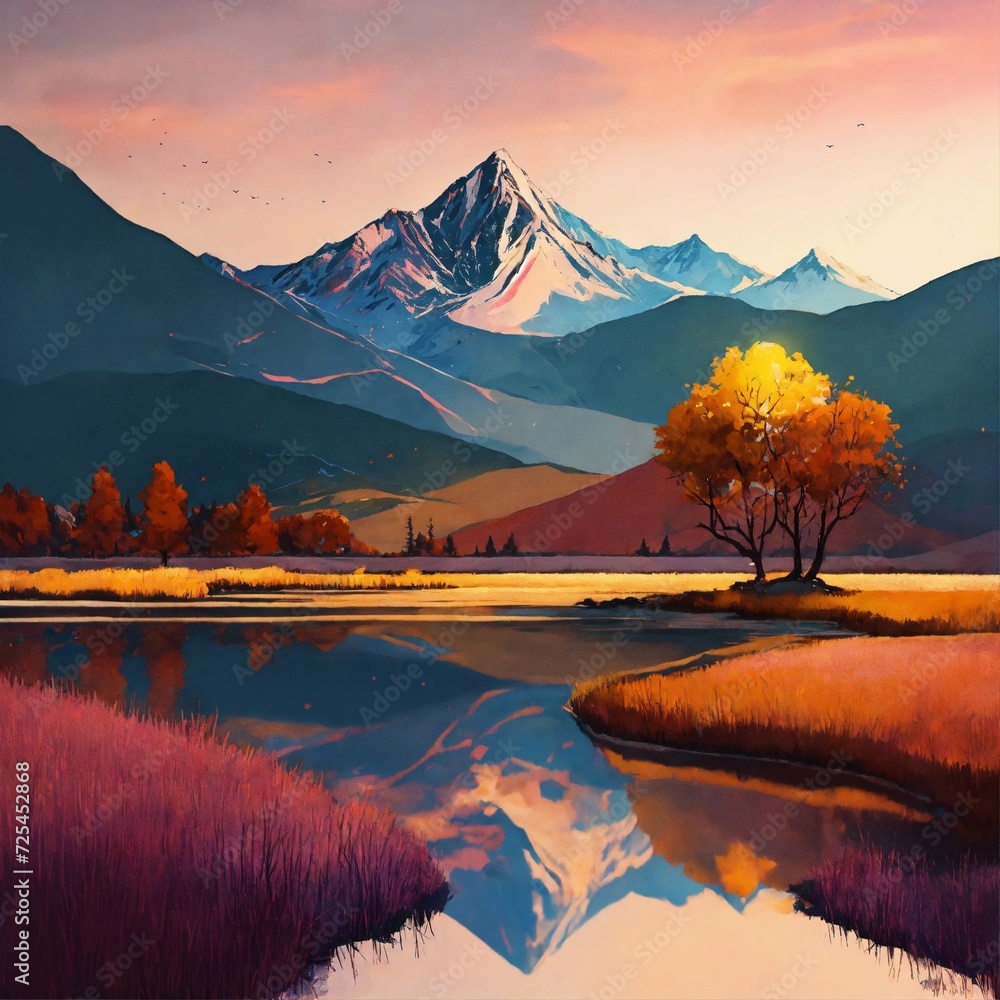 changing of the seasons" oil painting landscape representing all four seasons, one section with ...