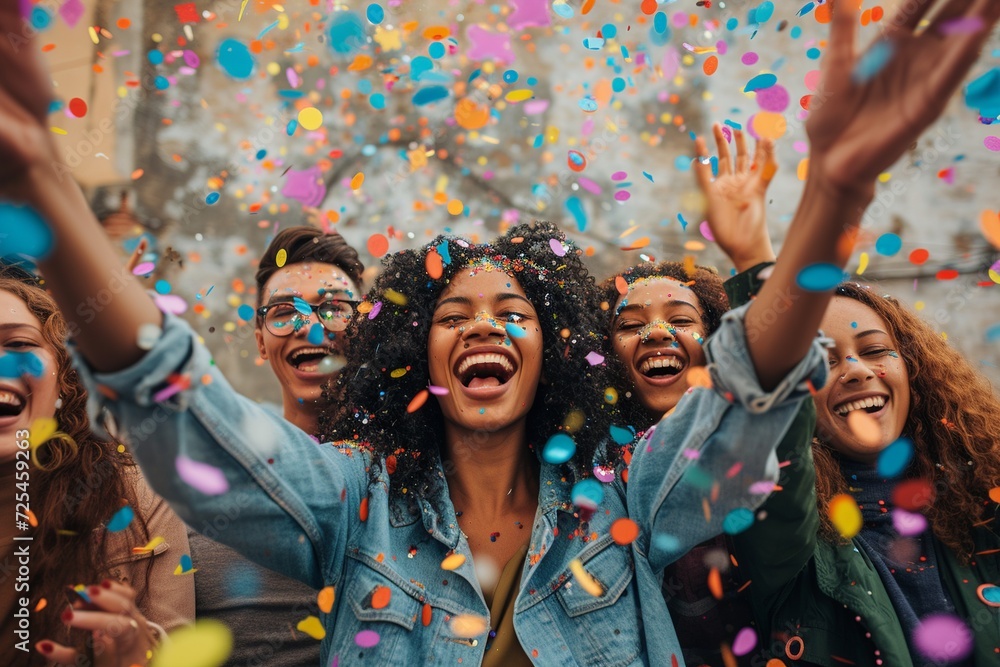 A diverse team of employees celebrates a business victory, surrounded ...