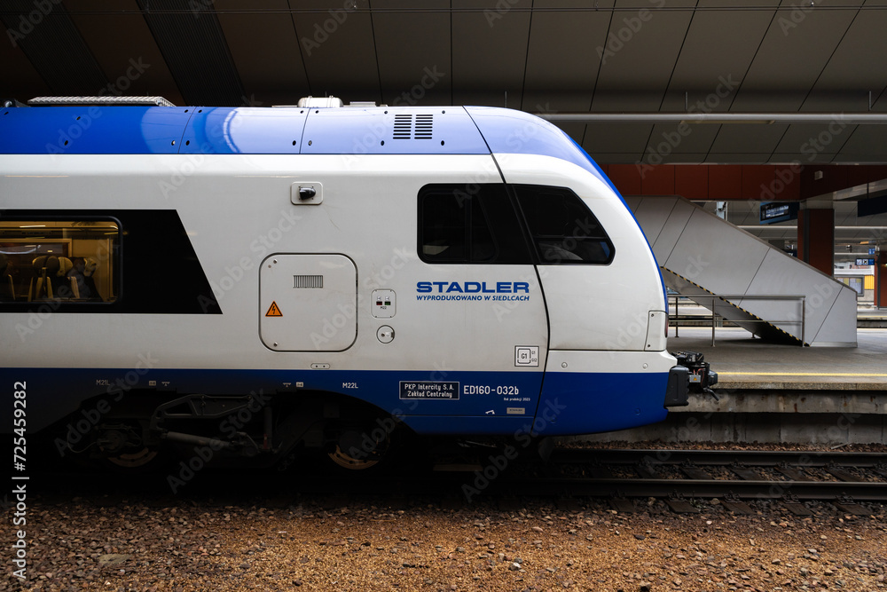 PKP Intercity Stadler Flirt 3 ED160 passenger multiple unit trainset. Polish state railways long ...