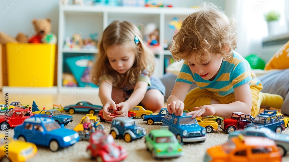 Little toddler boy and girl playing with model car collection on the ...
