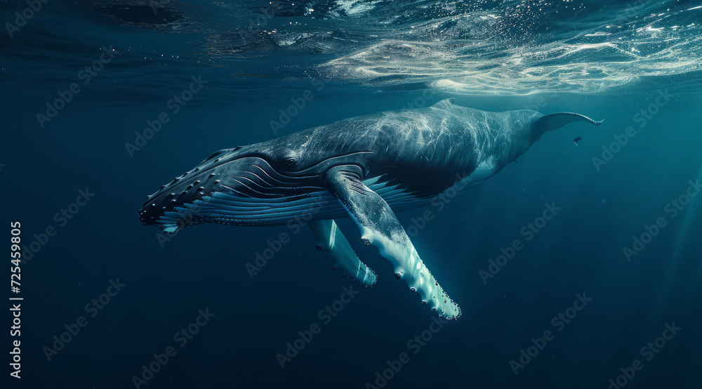 Ocean, sea and whale swimming underwater in clear water for tourism ...