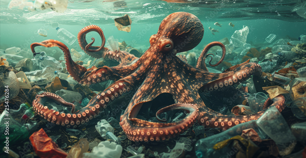 Ocean, sea and octopus swimming underwater in dirty water for awareness ...