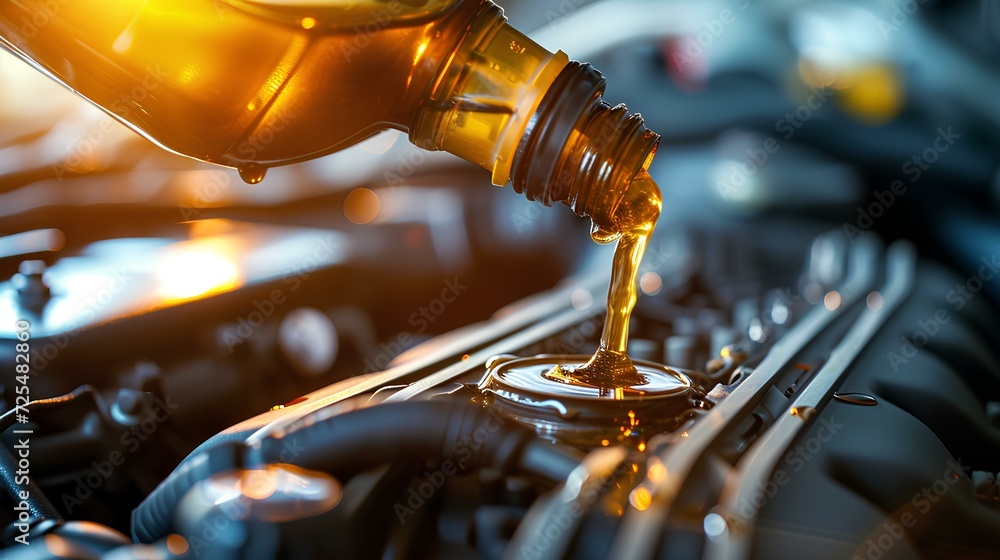 Refueling and pouring oil quality into the engine motor car ...