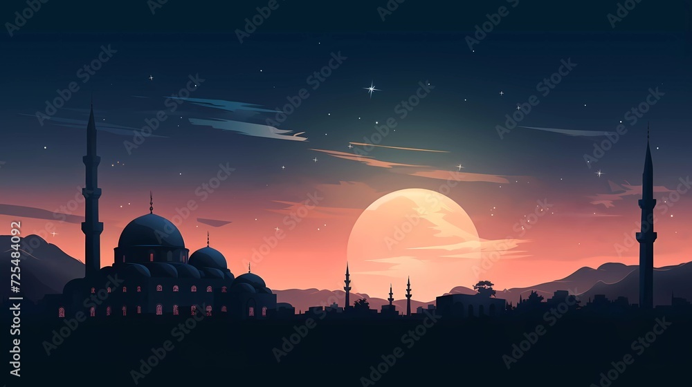 vector illustration of an Islamic skyline at sunset with mosque domes ...