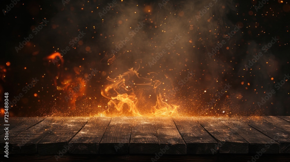 wooden table with Fire burning at the edge of the table, fire particles ...