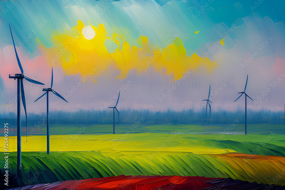 Wind turbine farm with modern windmills on the green field for ...