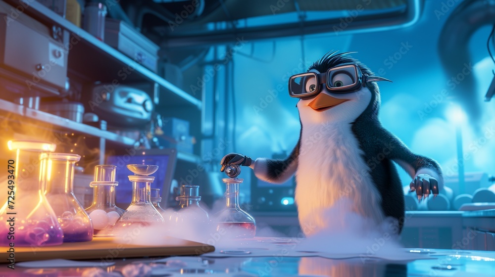 AI generated illustration of a cartoon penguin conducting scientific ...