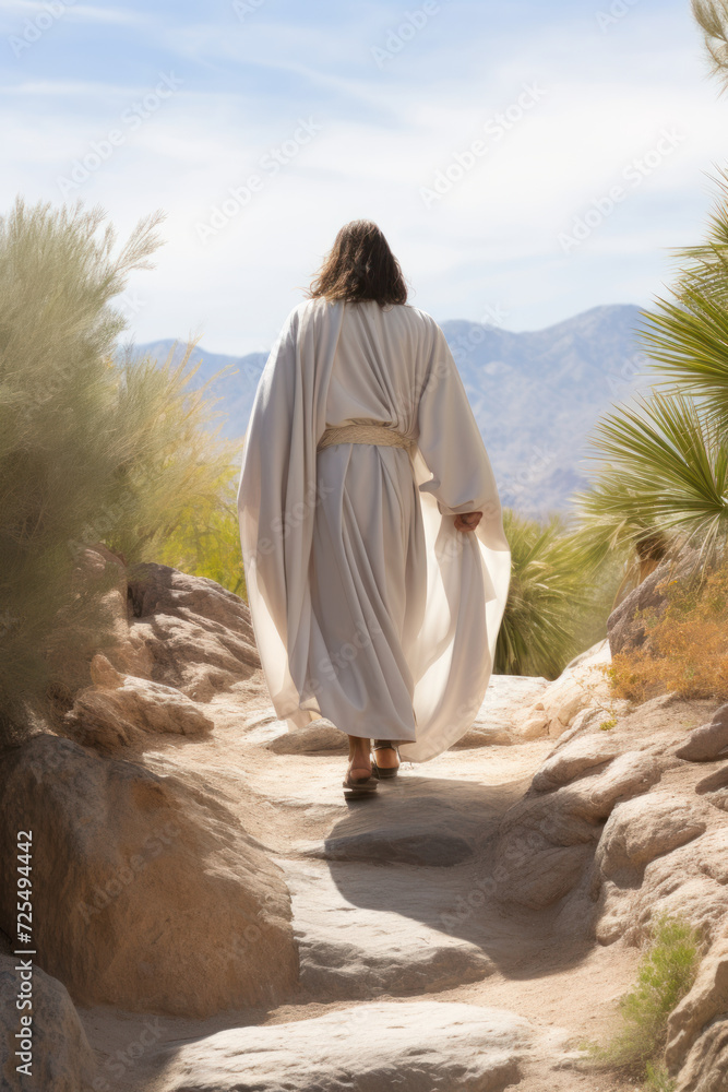 Back view of Jesus Christ in a serene natural setting. Easter and ...