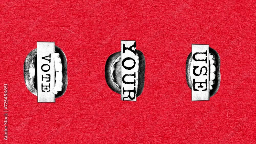 Importance to vote. Human mouth with words inside over red background ...