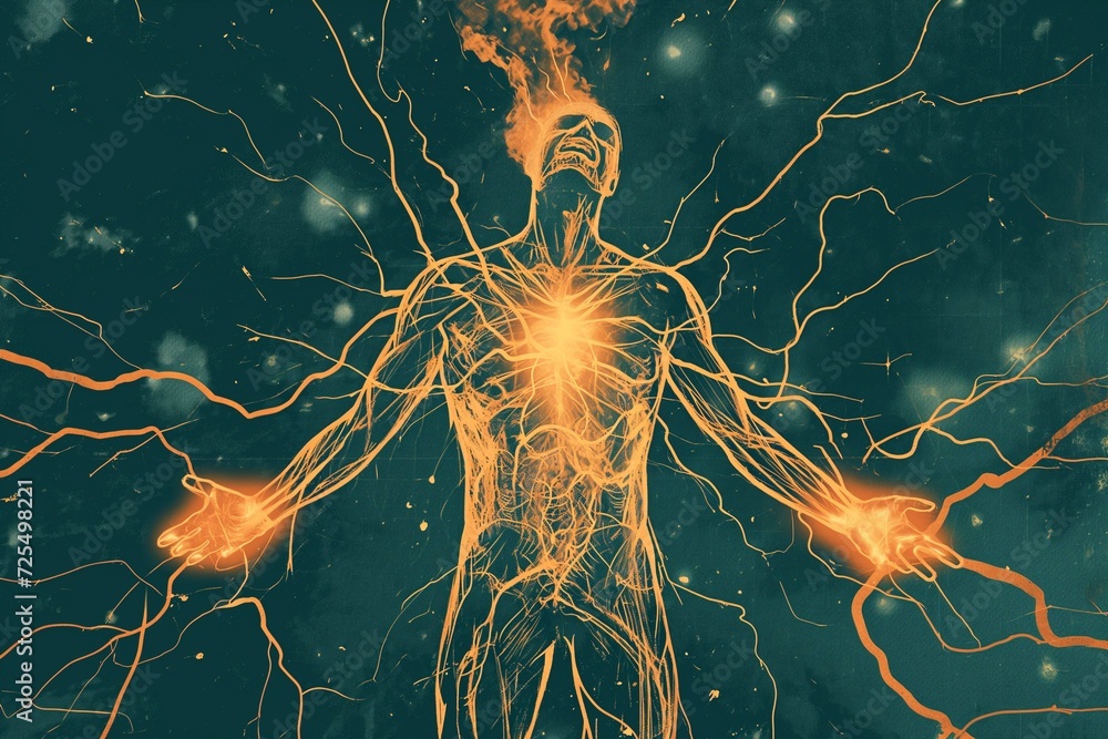 An artistic depiction of a human silhouette with radiant light rays ...