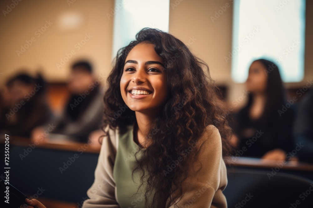 happiness of a female student in a lecture hall, glancing away with a ...