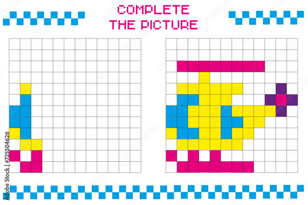 Complete the picture, complete the grid image. Coloring cellular areas ...