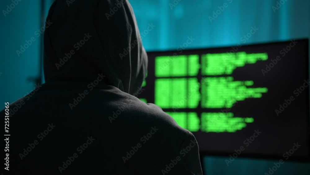 Closeup view from shoulder of unrecognizable male hacker in sweatshirt ...