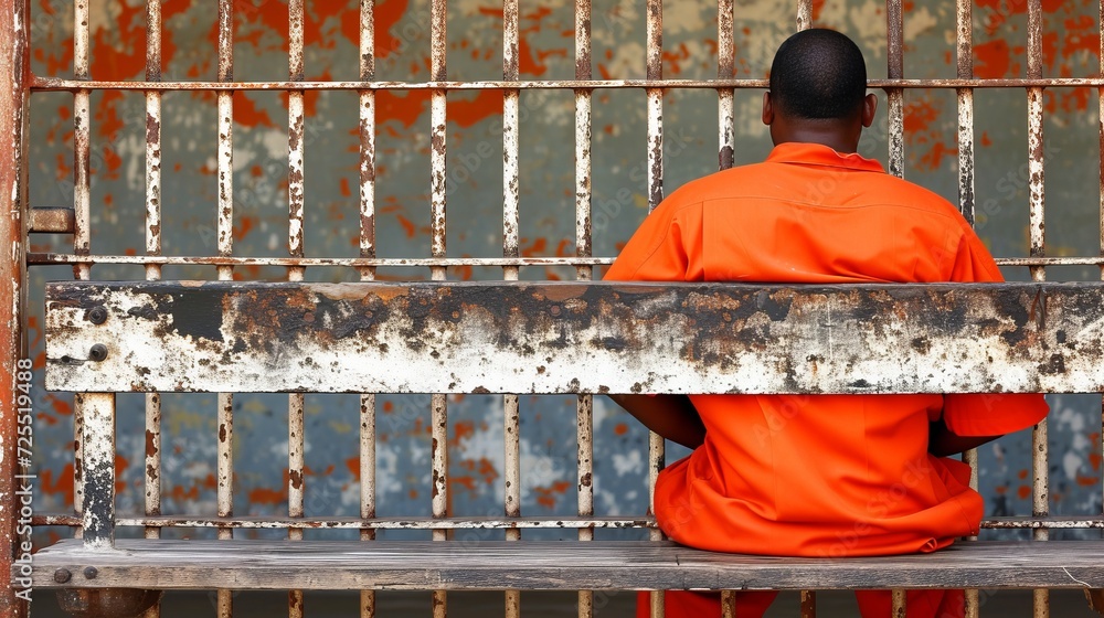 Isolated inmate in orange prison attire sitting alone on a bench inside ...
