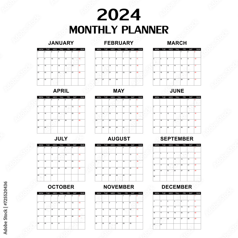 Monthly calendar template for 2024 year. Wall calendar in a minimalist ...
