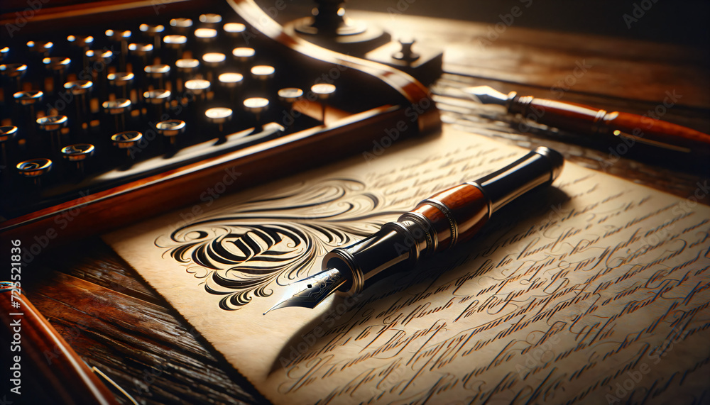 Hyper-realistic image of an elegant fountain pen on calligraphic script ...