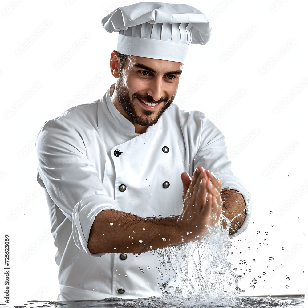 Chef washing hands before cooking in a commercial kitchen isolated on ...