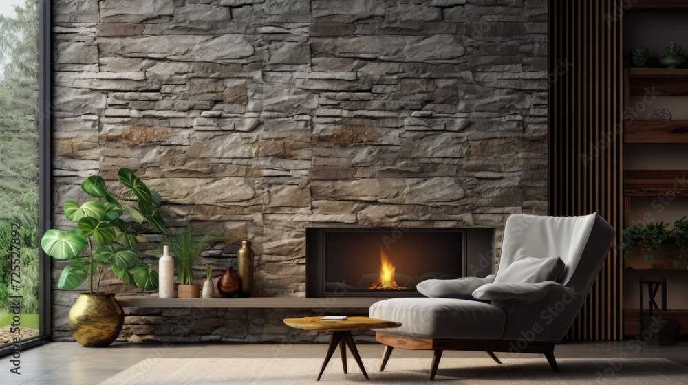 Sofa and chair by fireplace in wild stone cladding wall. Mid century ...