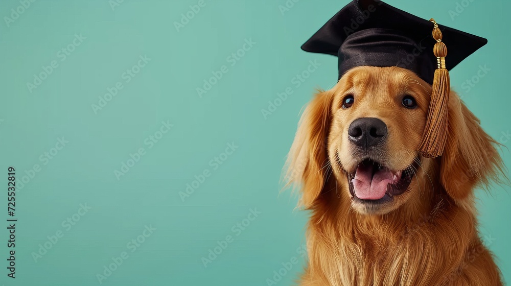 Funny dog in graduation cap on pastel background with copy space for ...
