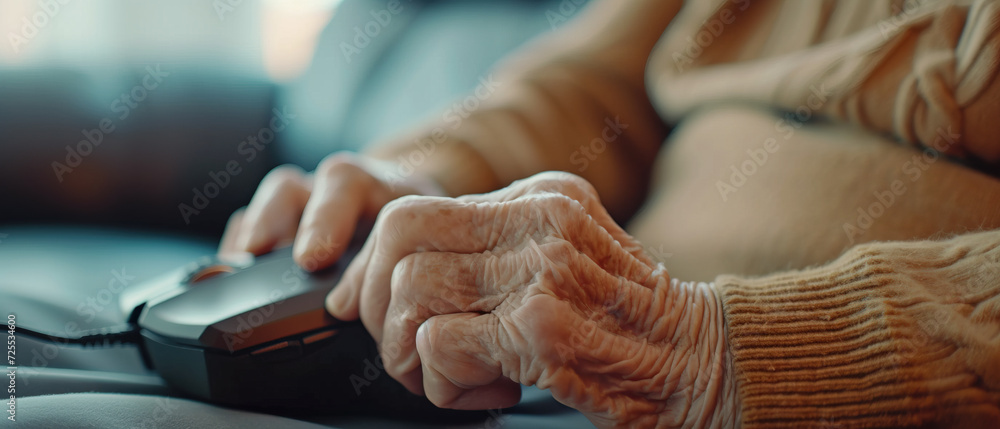 Elderly people current technology, close-up image of an elderly person ...