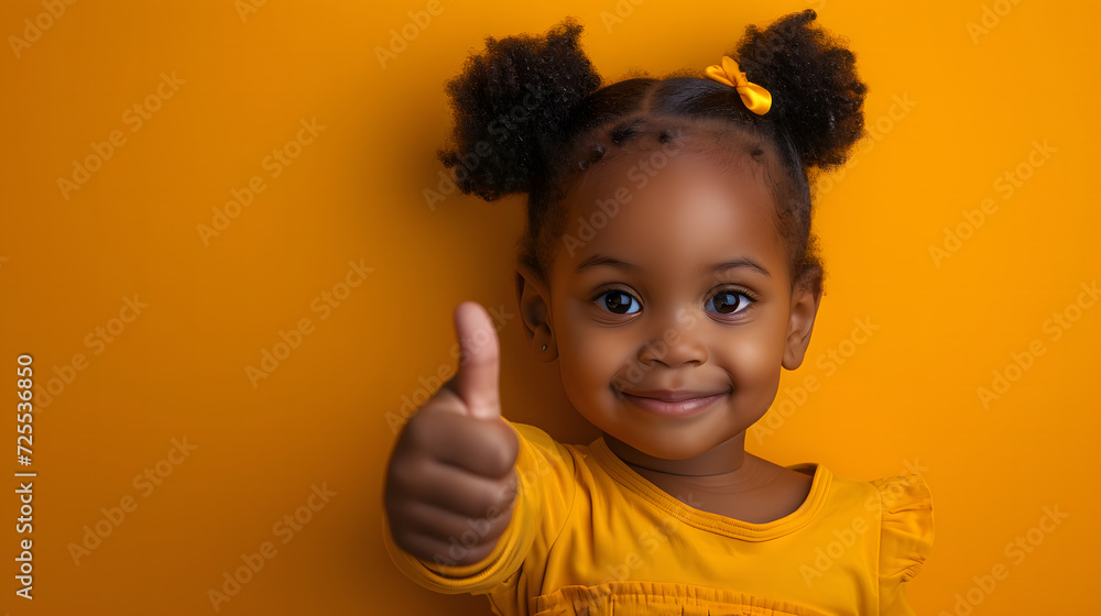 Happy little african american girl showing thumbs up gesture on yellow ...