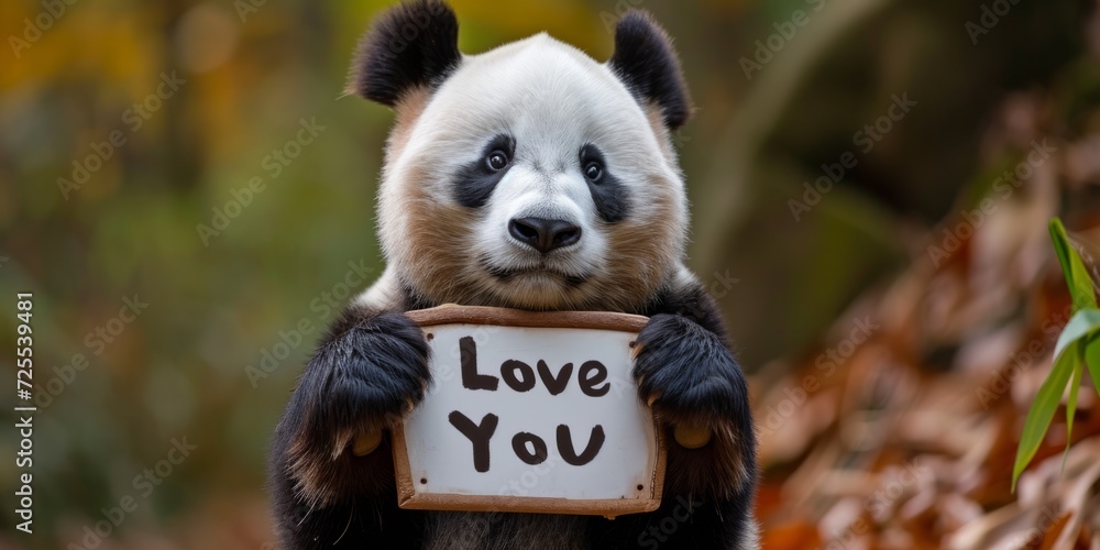 Panda Holds Sign That Says Love You In Heart Shape. Сoncept Animal Love ...