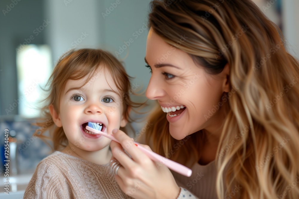 Young Child And Her Mother Smiling While Brushing Their Teeth. Сoncept ...