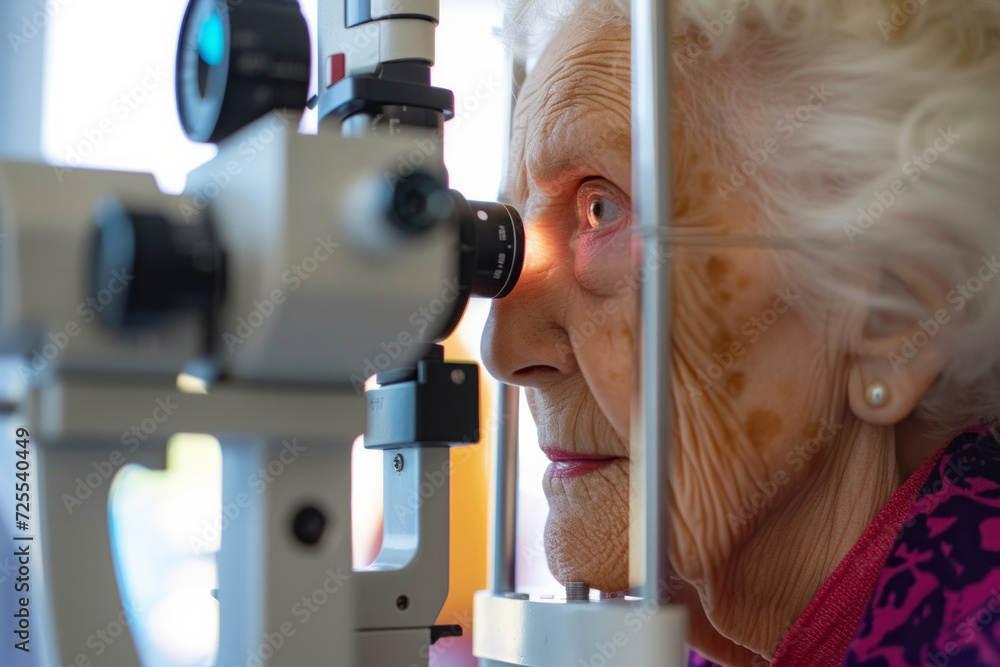 Woman oculist examining old woman sight with ophthalmic tool in modern ...
