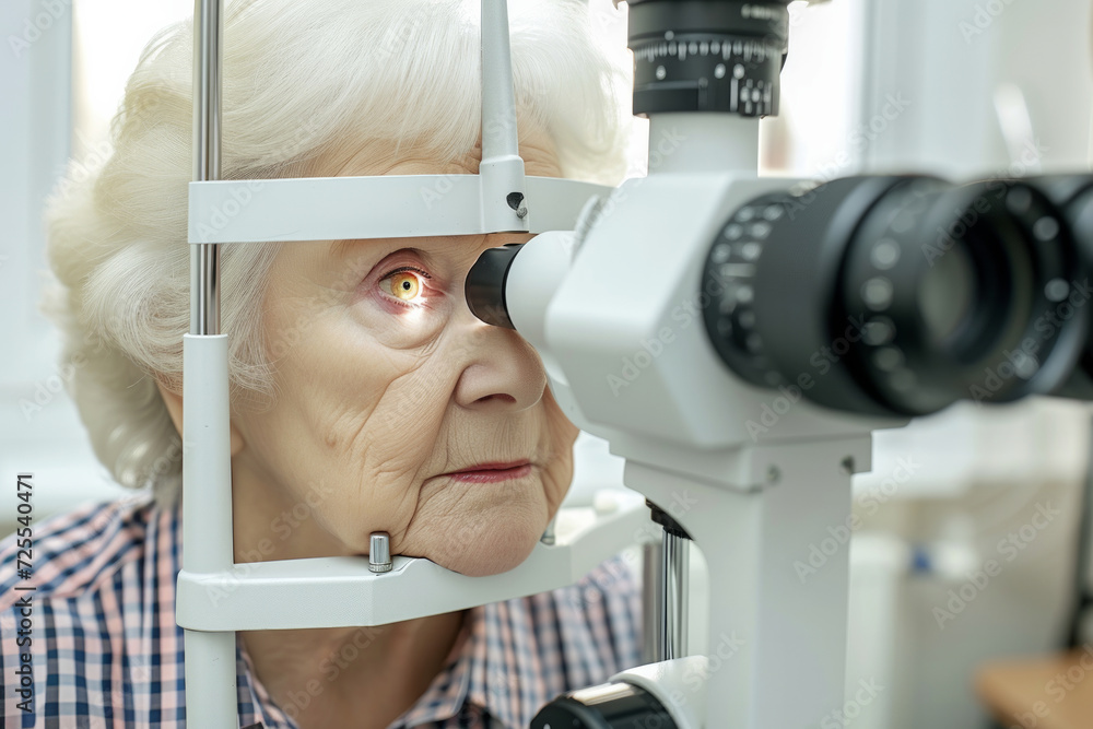 Woman oculist examining old woman sight with ophthalmic tool in modern ...