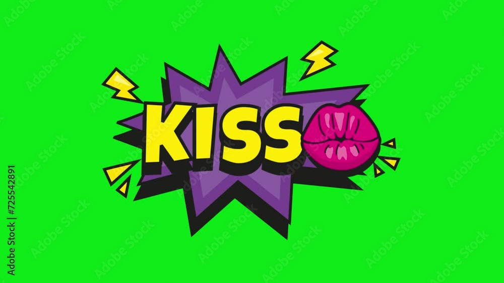 Kiss comic text animation on green screen background. Kiss pop art in ...