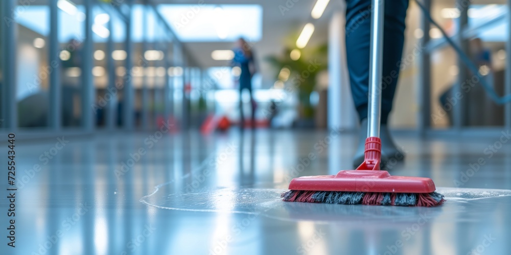 Janitorial Service Cleaning Office Floors With Blurred Background Of ...