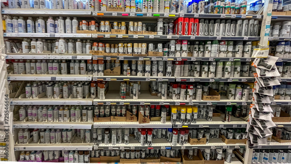 Moscow, 13 January 2024, Large selection of spray paint in the store ...
