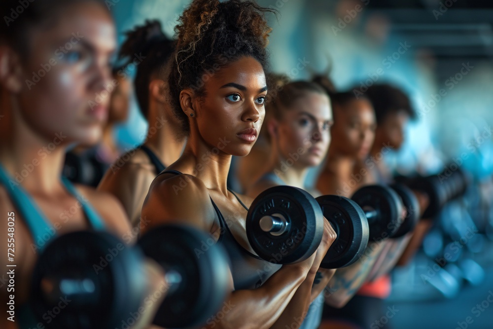 Teamwork and strength in fitness A diverse group engaging in a dumbbell ...