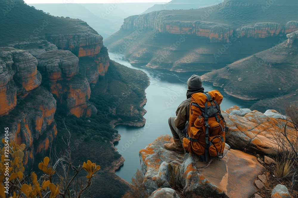 AI generated illustration of a backpacker male sitting on a rock ...