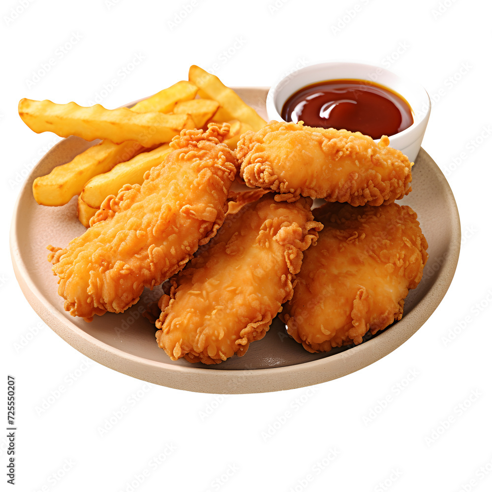 Crispy fried chicken broast with french fries on png background Stock ...