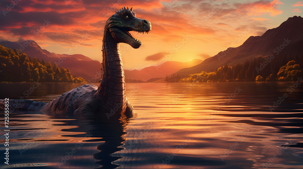 errible mythical reptile loch ness monster floating on lake against background of mountains ...