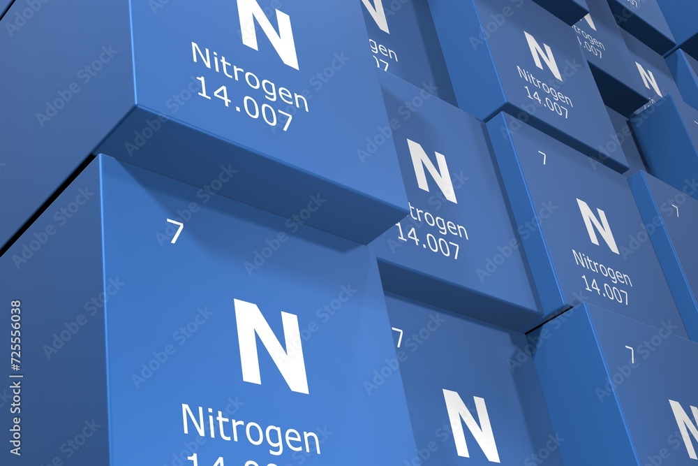Nitrogen, 3D rendering background of cubes of symbols of the elements ...