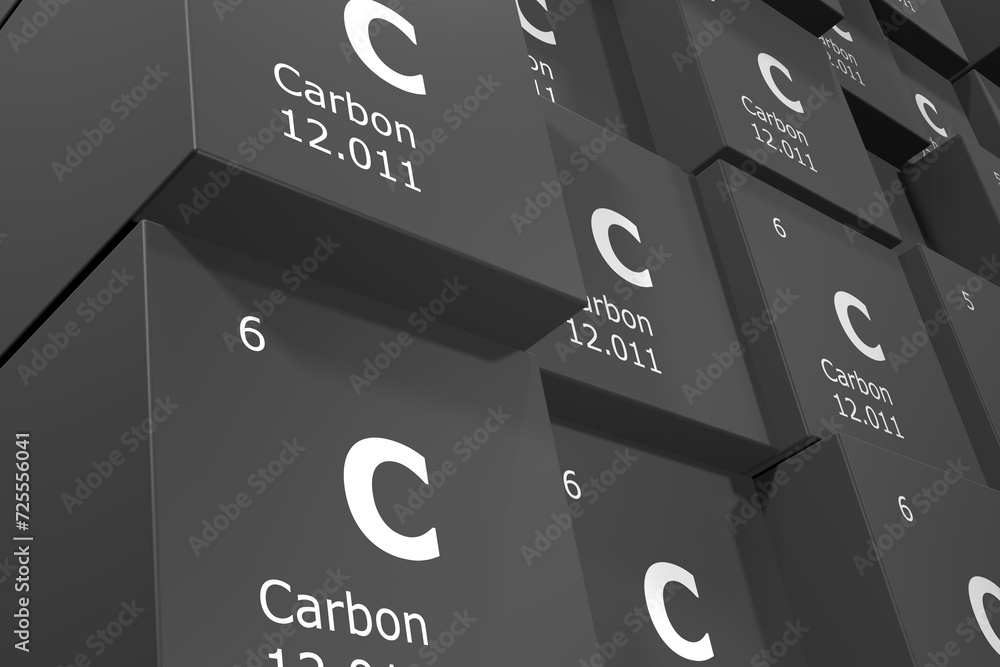 Carbon, 3D rendering background of cubes of symbols of the elements of ...