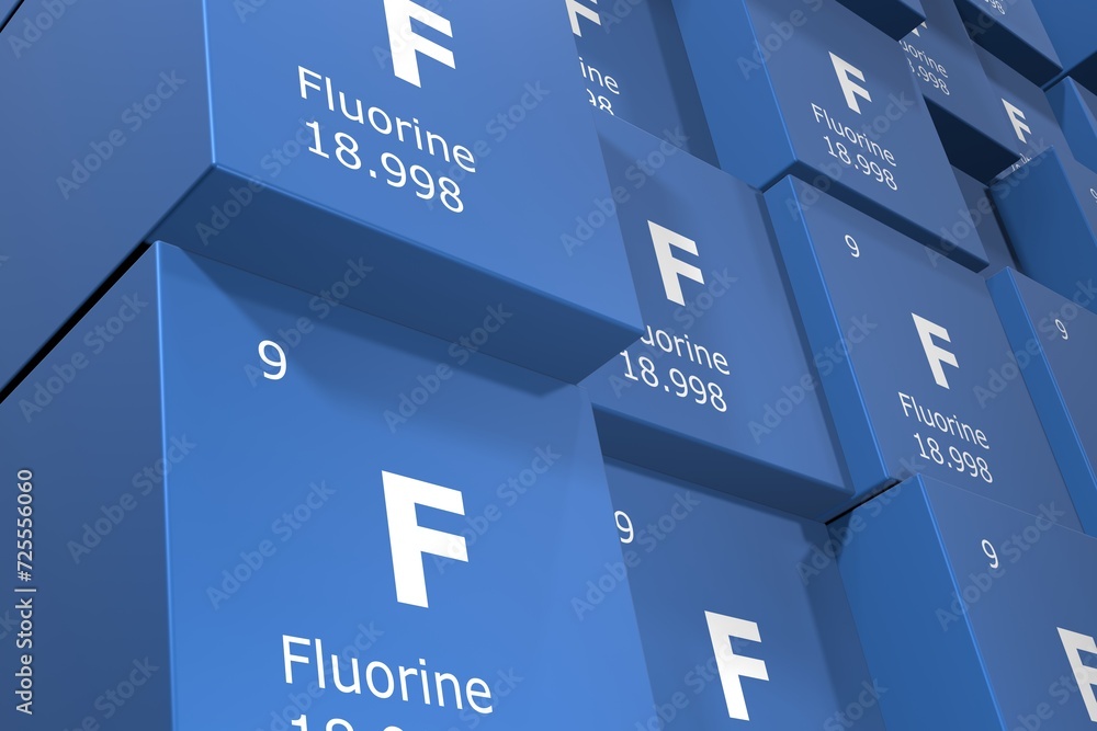 Fluorine, 3D rendering background of cubes of symbols of the elements ...