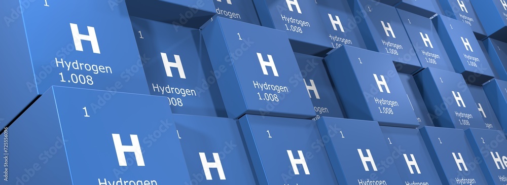 Hydrogen, 3D rendering background of cubes of symbols of the elements ...