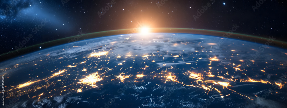 Earth shot from space, displaying shining lights, stars, and a dark ...